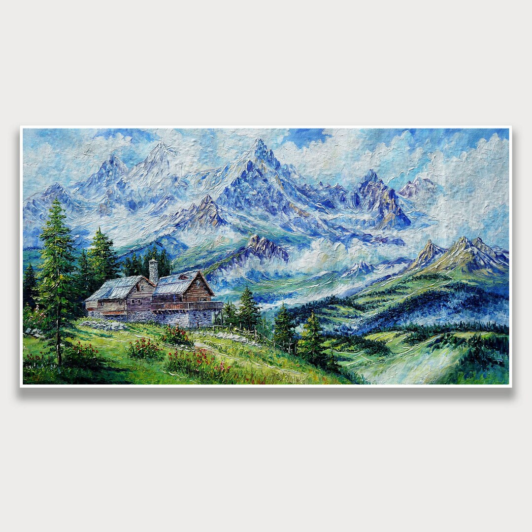 French Italian Alps Mountain Landscape Painting Rustic Cabin in Alpine ...