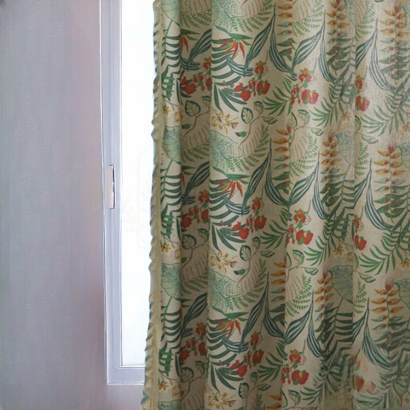 Green Plant Curtains,cotton Linen Curtains,floral Printed Curtains,semi ...