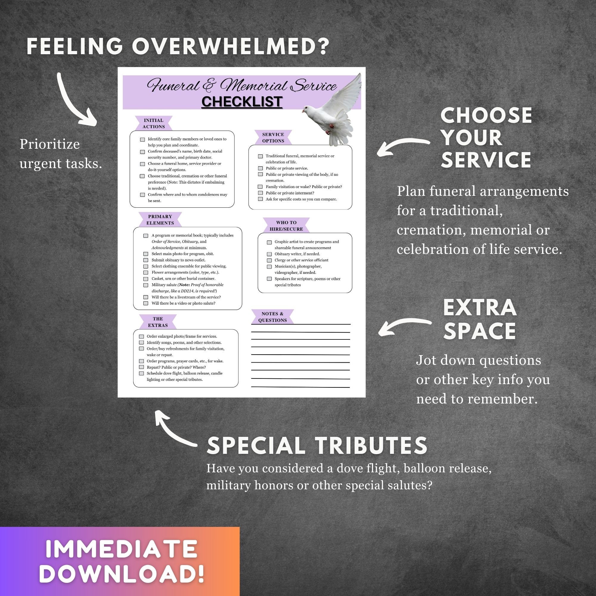 Funeral Planning Checklist: Memorial Service Arrangements (printable ...