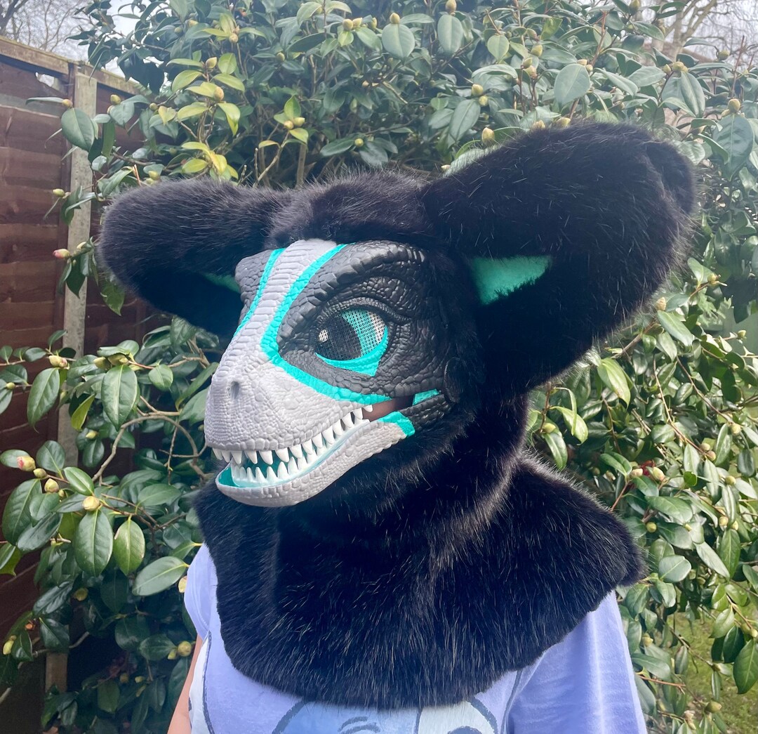 Dino Mask Fursuit Furred, Black and Turquoise - Etsy