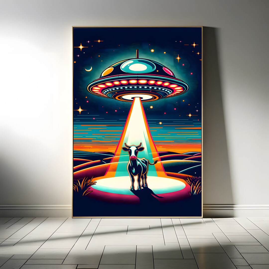Night Invasion Cow and UFO, Retro Sci-fi Illustration, Retro 80s Style ...