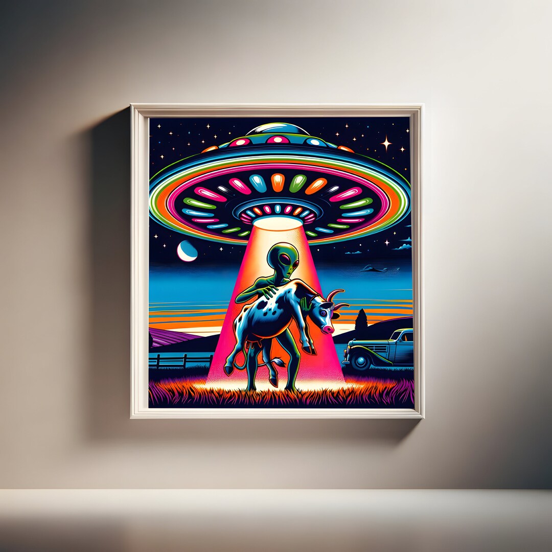 UFO Abduction Art Retro 80s Cow, High Resolution Digital Print, Unique ...