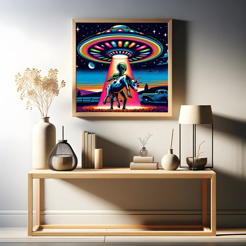 UFO Abduction Art Retro 80s Cow, High Resolution Digital Print, Unique ...