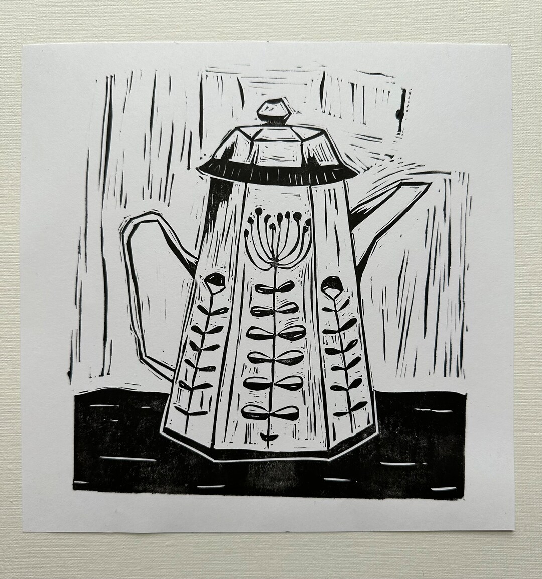 Original Linocut Print Floral Tea Kettle - Etsy