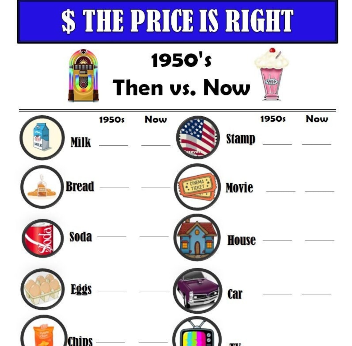1950's Now Vs Then Game - the Price is Right - Etsy