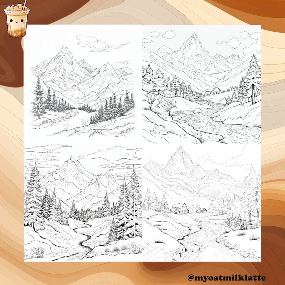 Digital Colouring Book Snowy Mountains, for Kids and Adults, Printable ...