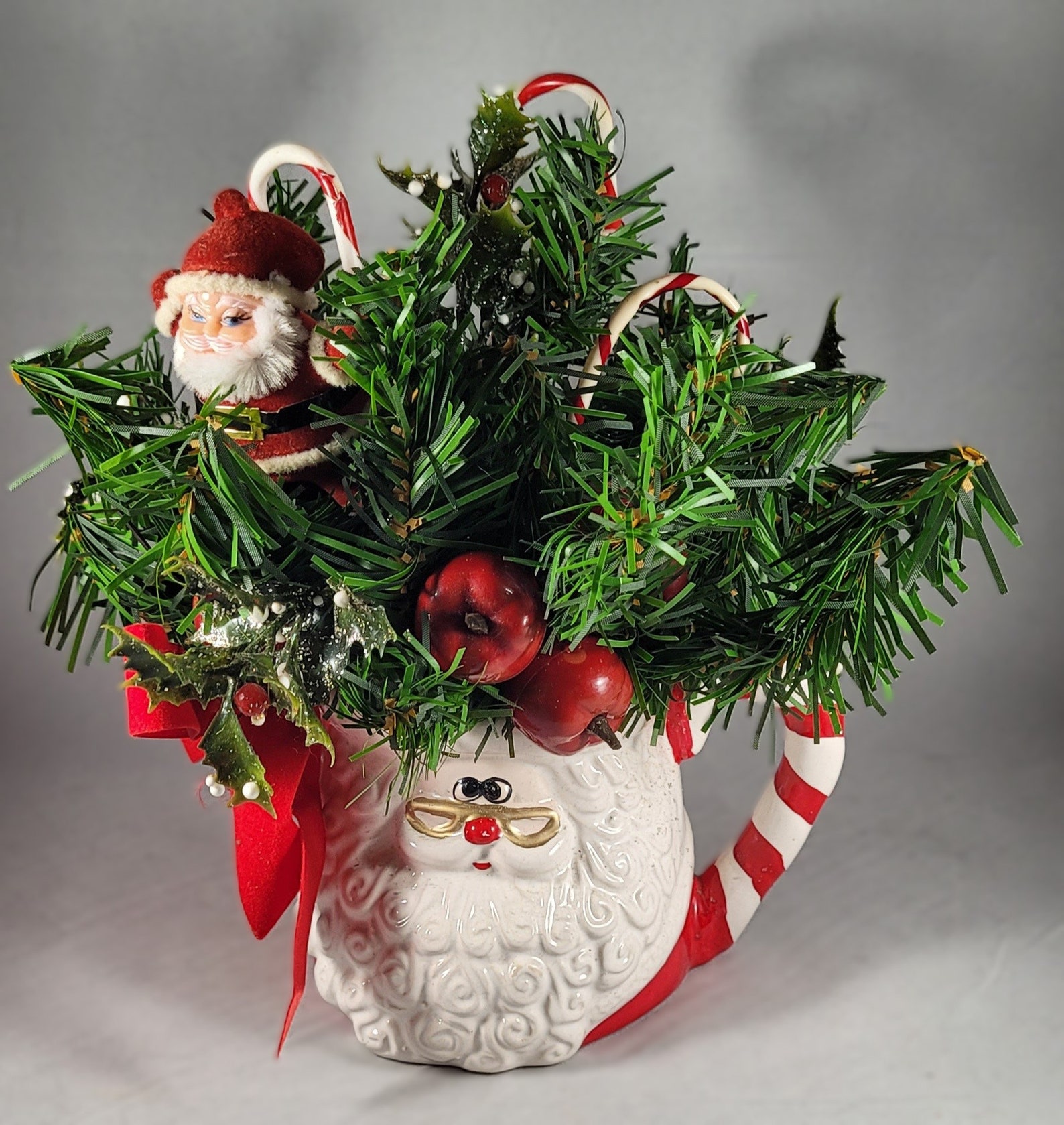 Vintage Holiday Mug With Flocked Santa Pick & Candy Cane Arrangement ...