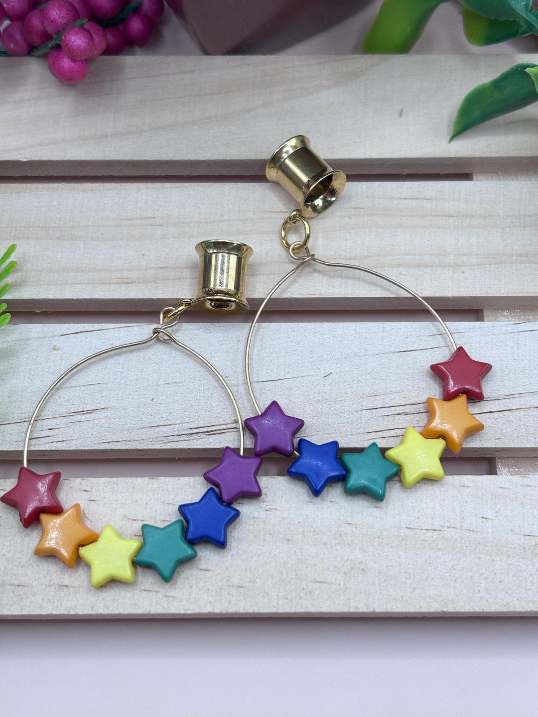 Round Rainbow Star Pride Dangle Plugs for Stretched Ears - Etsy