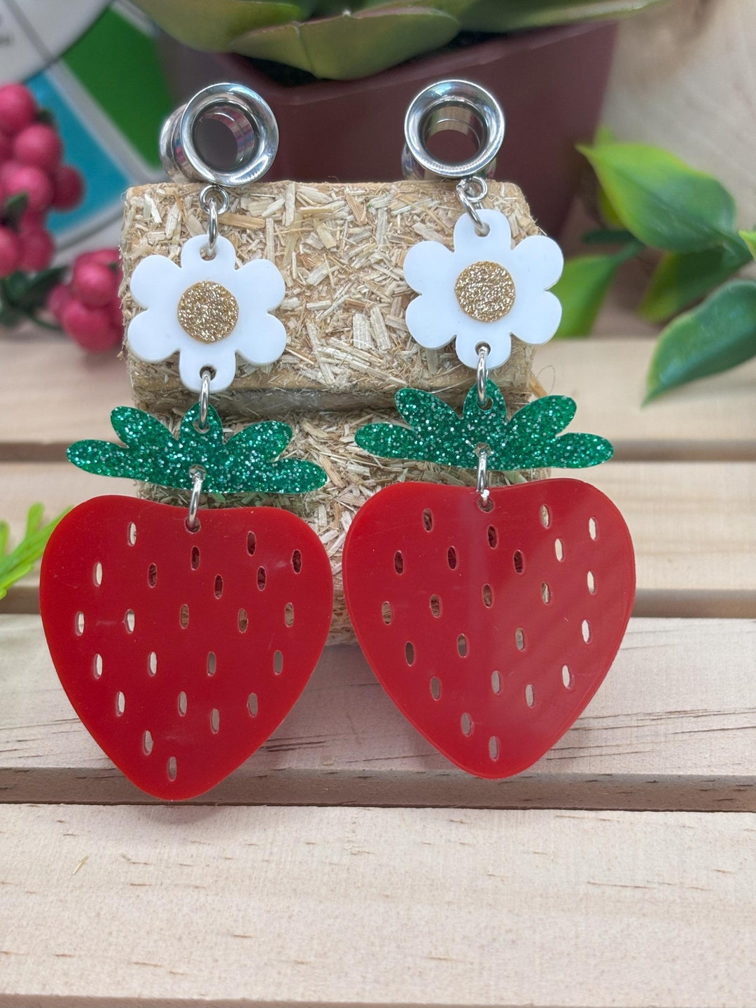 Strawberry With Strawberry Blossom Dangle Plugs for Stretched Ears - Etsy