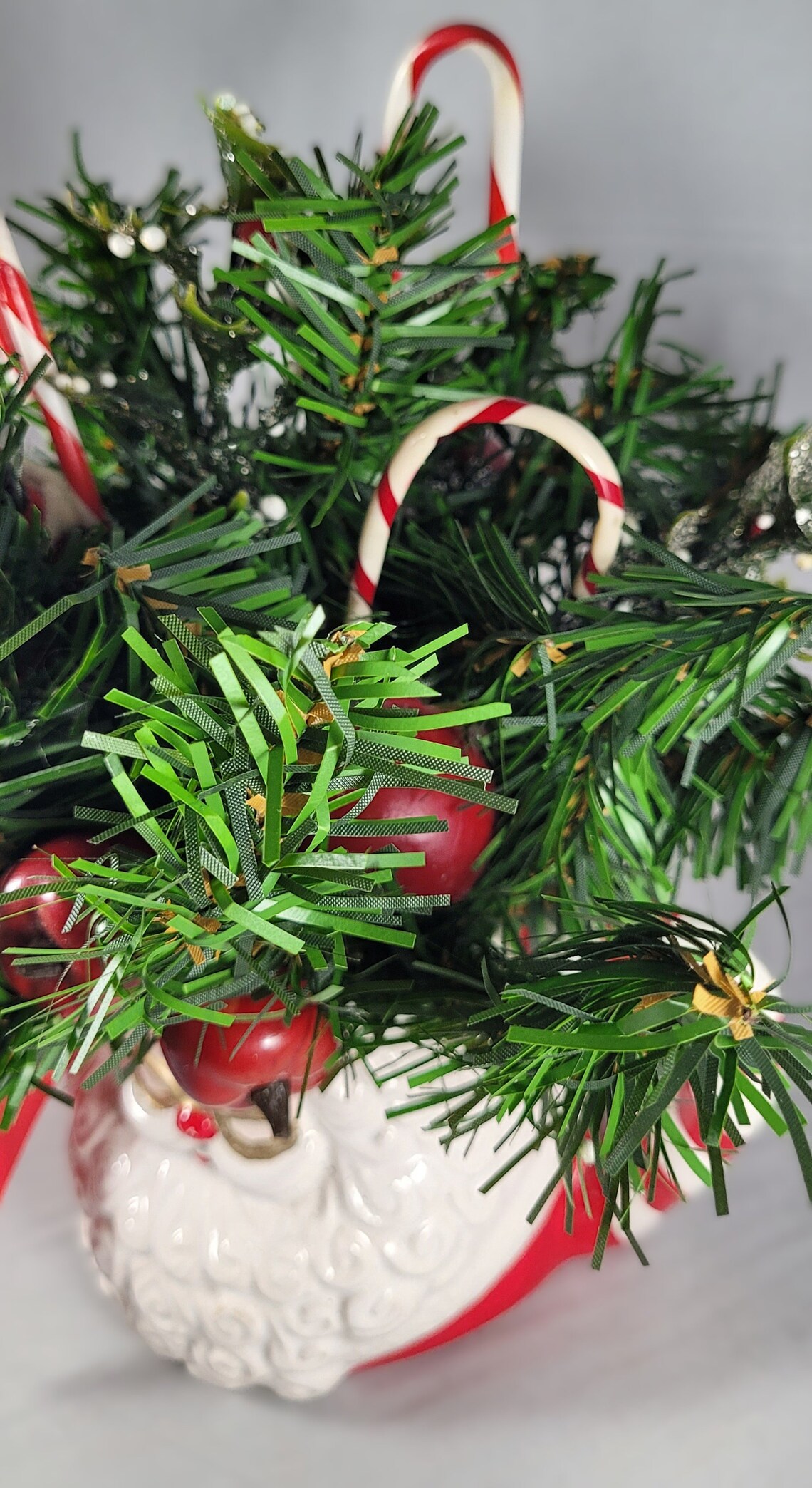 Vintage Holiday Mug With Flocked Santa Pick & Candy Cane Arrangement ...