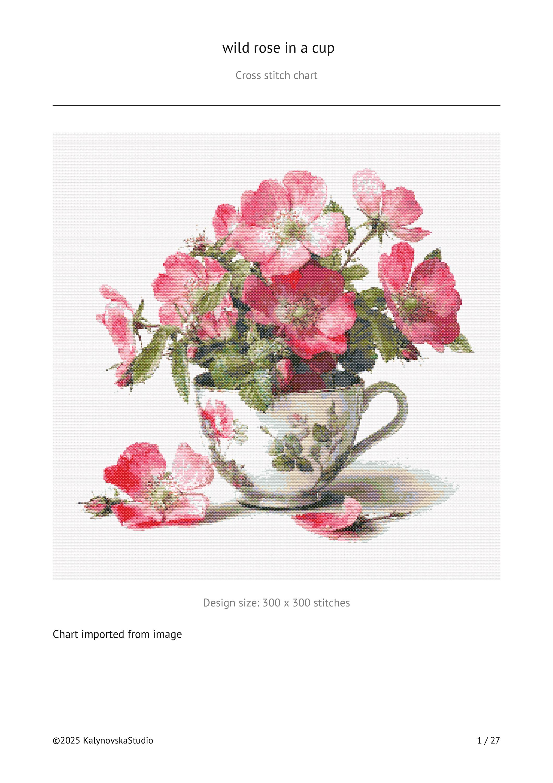 Vintage Cross Stitch Pattern: Wild Rose in a Cup (PDF Download, Pattern ...