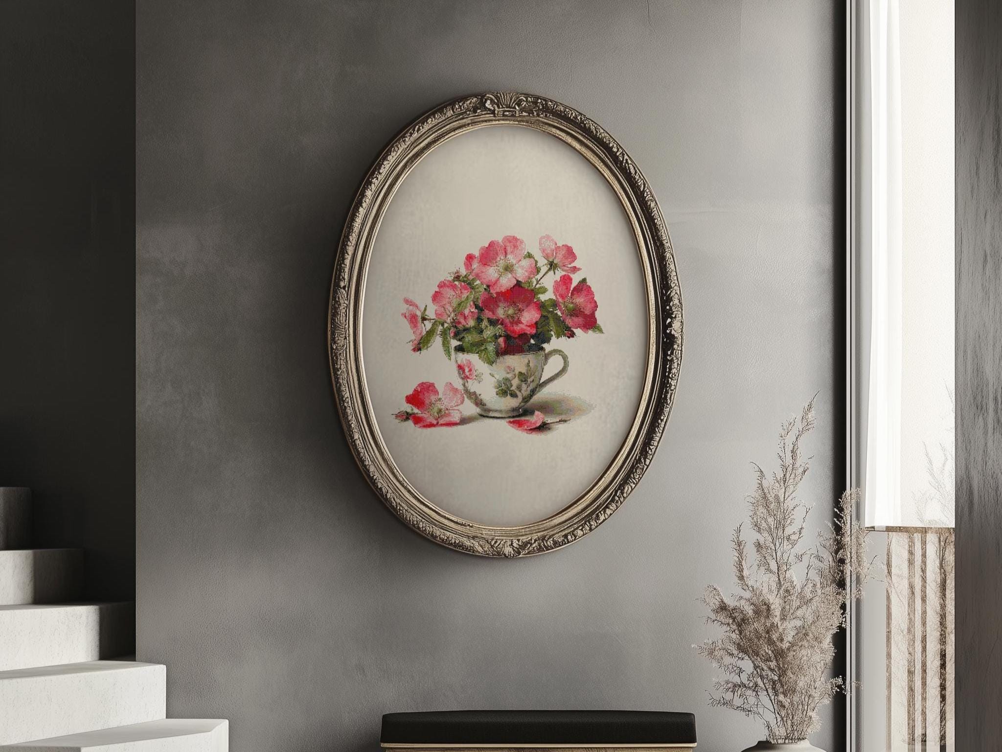 Vintage Cross Stitch Pattern: Wild Rose in a Cup (PDF Download, Pattern ...