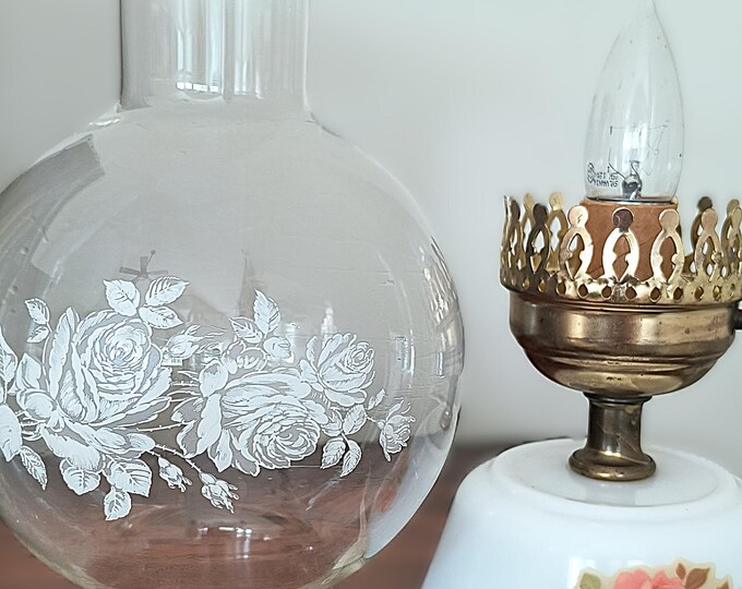 Vintage Hurricane Lamp - Milk Glass Base, Etched Floral, Electric - It ...