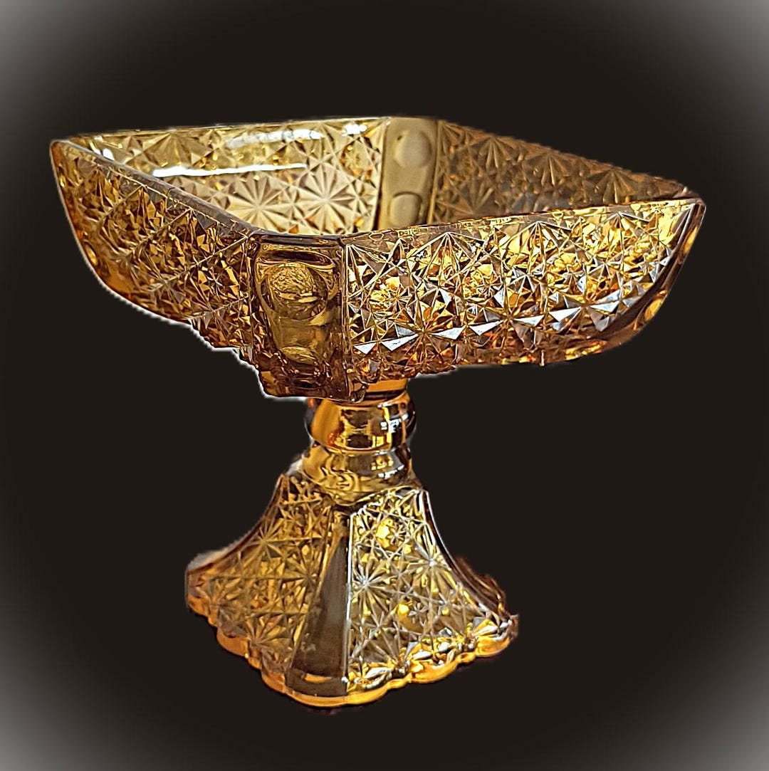 Amber Glass Vintage Compote/fruit Bowl - Square With Intricate Hobstar ...