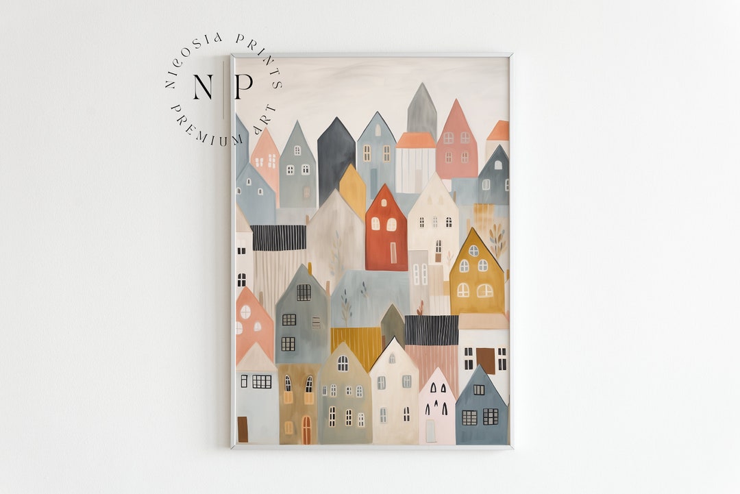 Neutral Colors Wall Art Scandinavian Village Painting Minimalistic ...