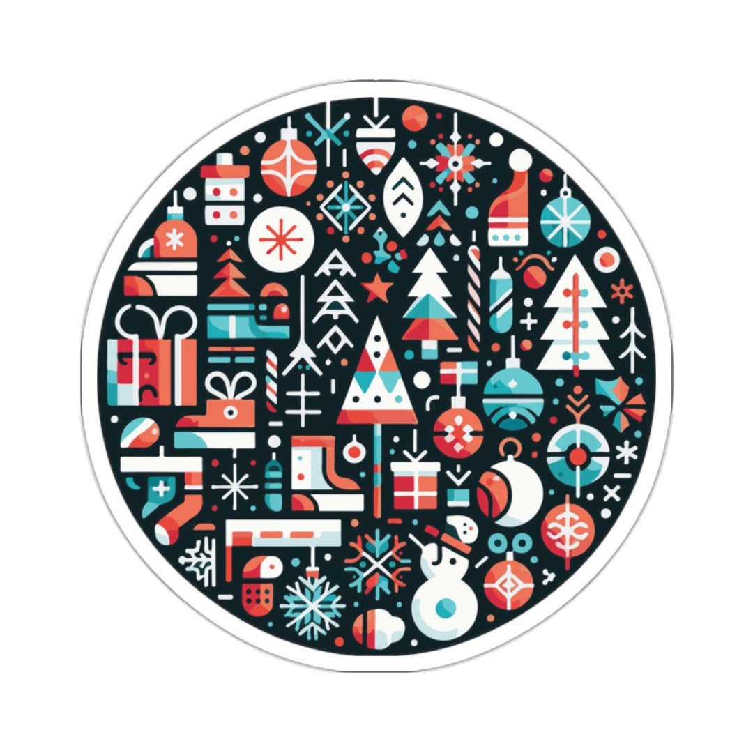 Christmas Iconography Circle Sticker Holiday Symbols Decal Festive Ornaments and Trees Design ...