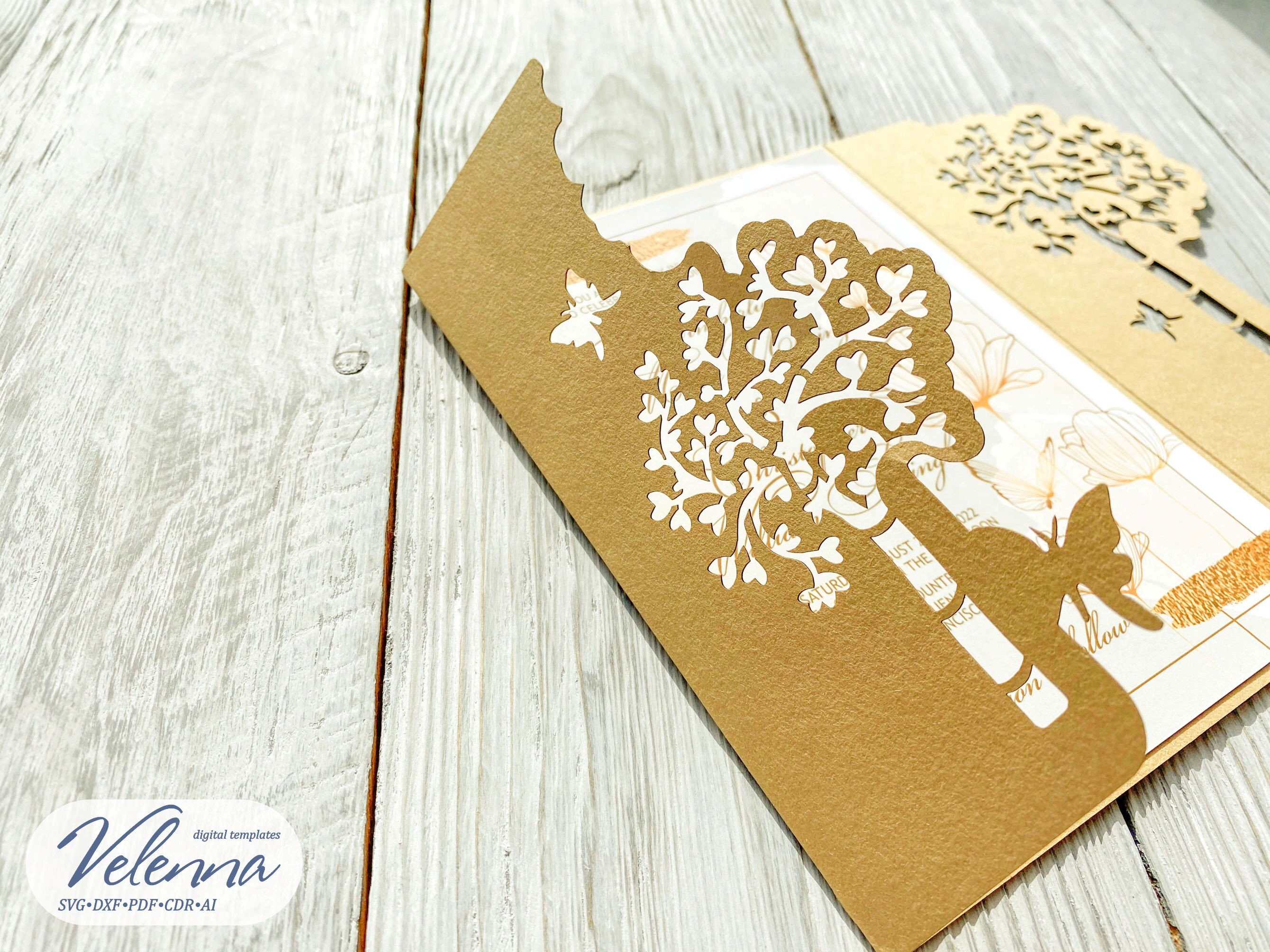 Rustic Tree Gatefold Wedding Invitation Template Svg With Butterflies ...