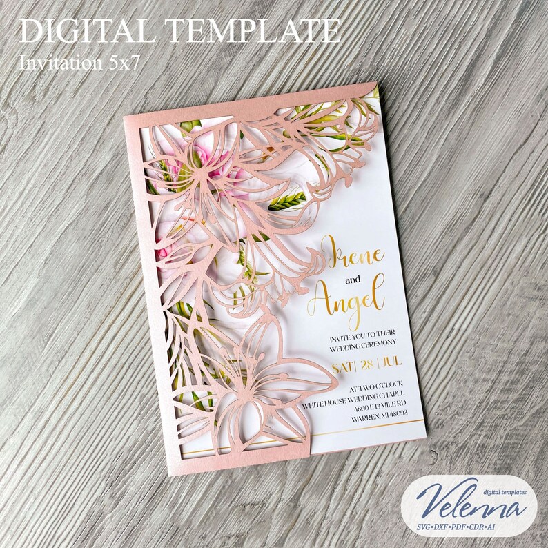 Lily Flowers Svg Template of 5x7 Wedding Invitation, Single Panel ...