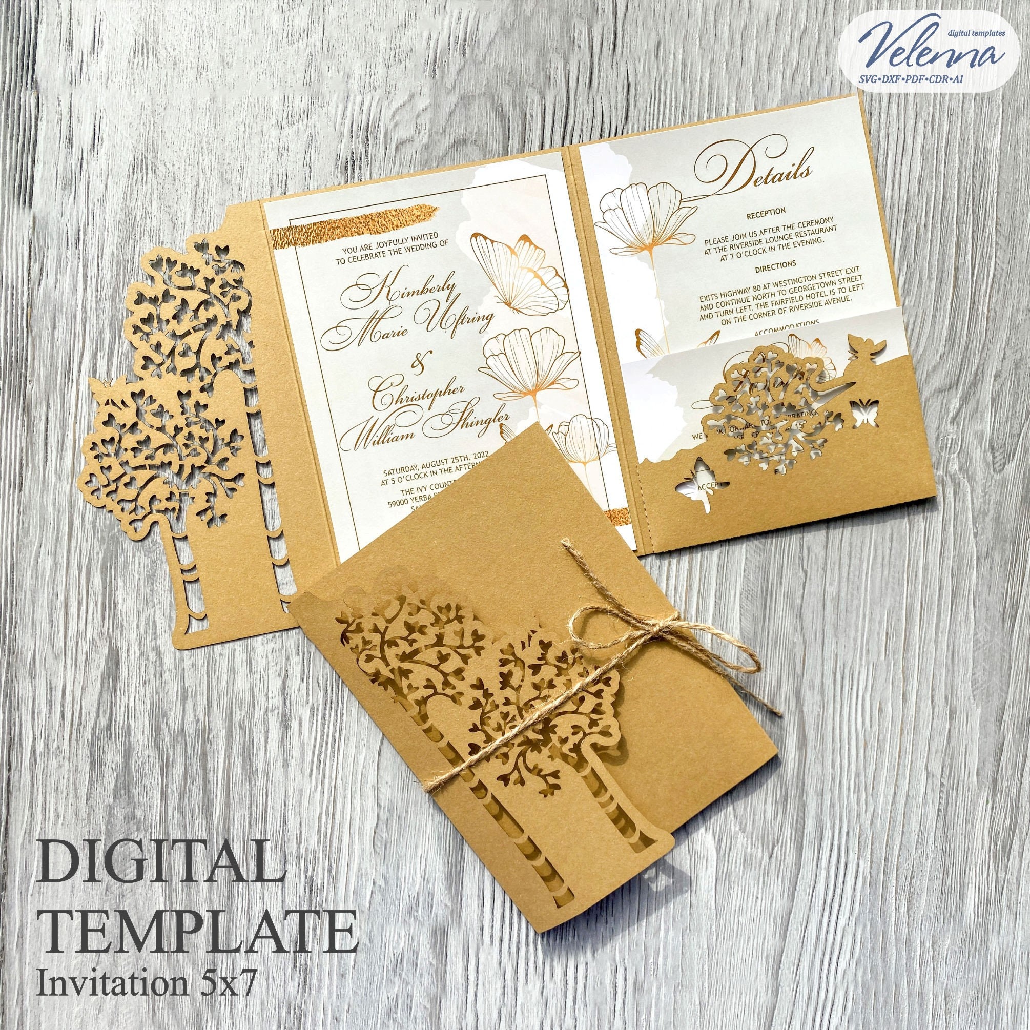 Plantilla de invitación svg tríptico de árbol con mariposas ...