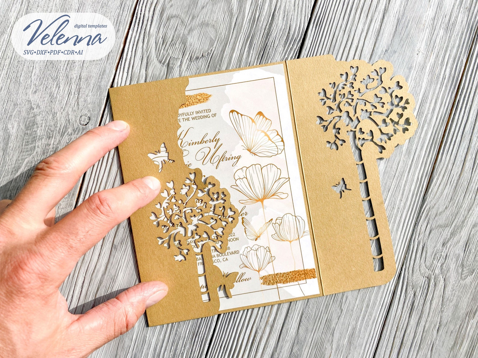 Rustic Tree Gatefold Wedding Invitation Template Svg With Butterflies ...