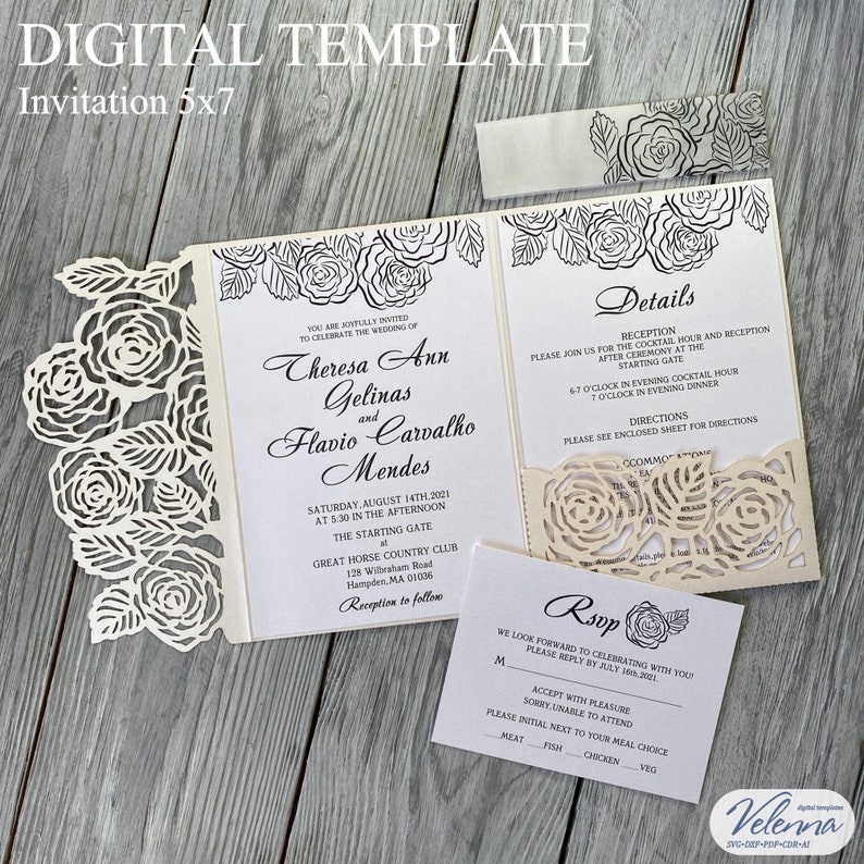 Lace Rose Svg Wedding Invitation Cricut Template, Laser Cut Tri-fold ...