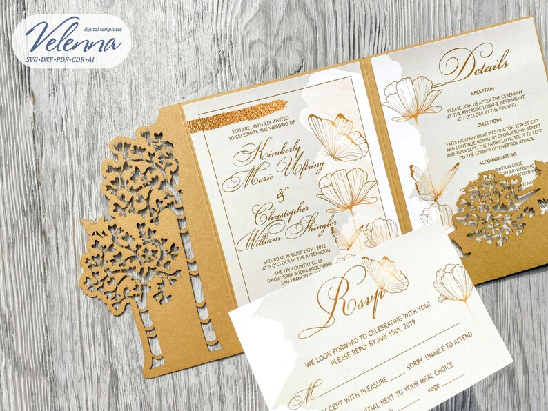 Plantilla de invitación svg tríptico de árbol con mariposas ...