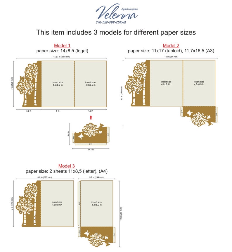 Plantilla de invitación svg tríptico de árbol con mariposas ...