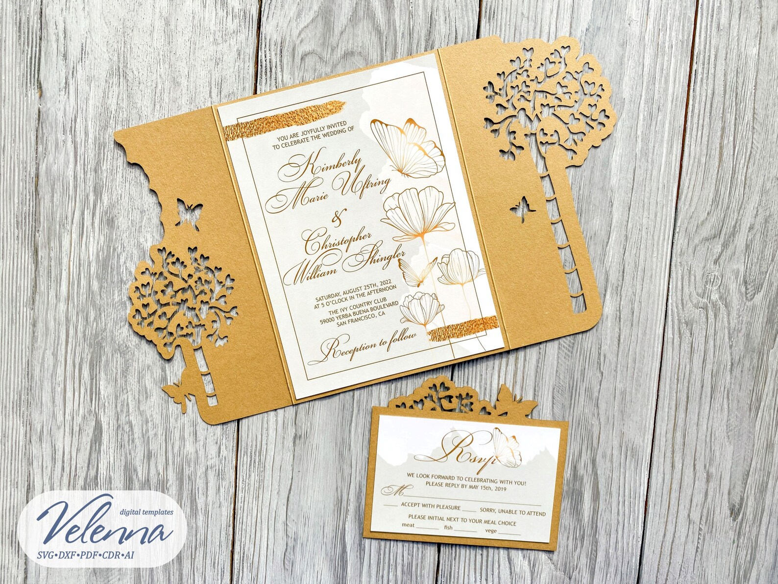 Rustic Tree Gatefold Wedding Invitation Template Svg With Butterflies ...