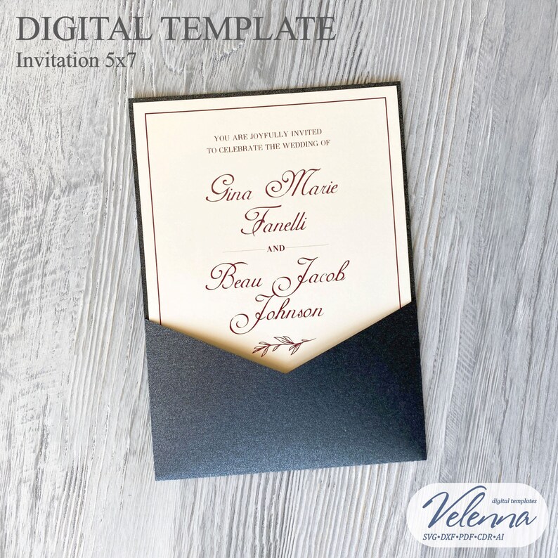 Svg Template of Single Panel Pocket Wedding Invitation 5x7 cdr, Ai, Dxf ...