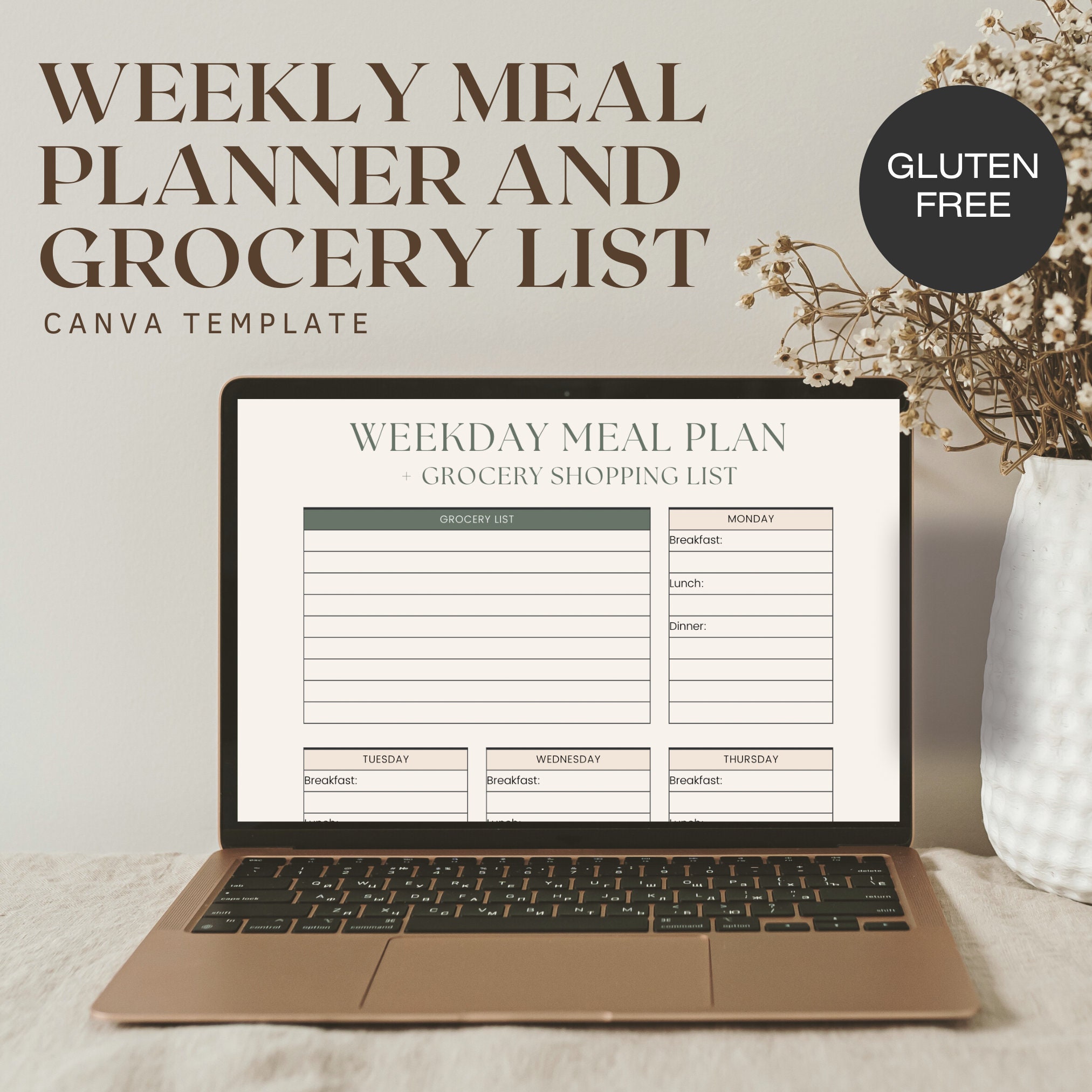 Meal Planner Template and Editable Grocery List | Canva Template ...