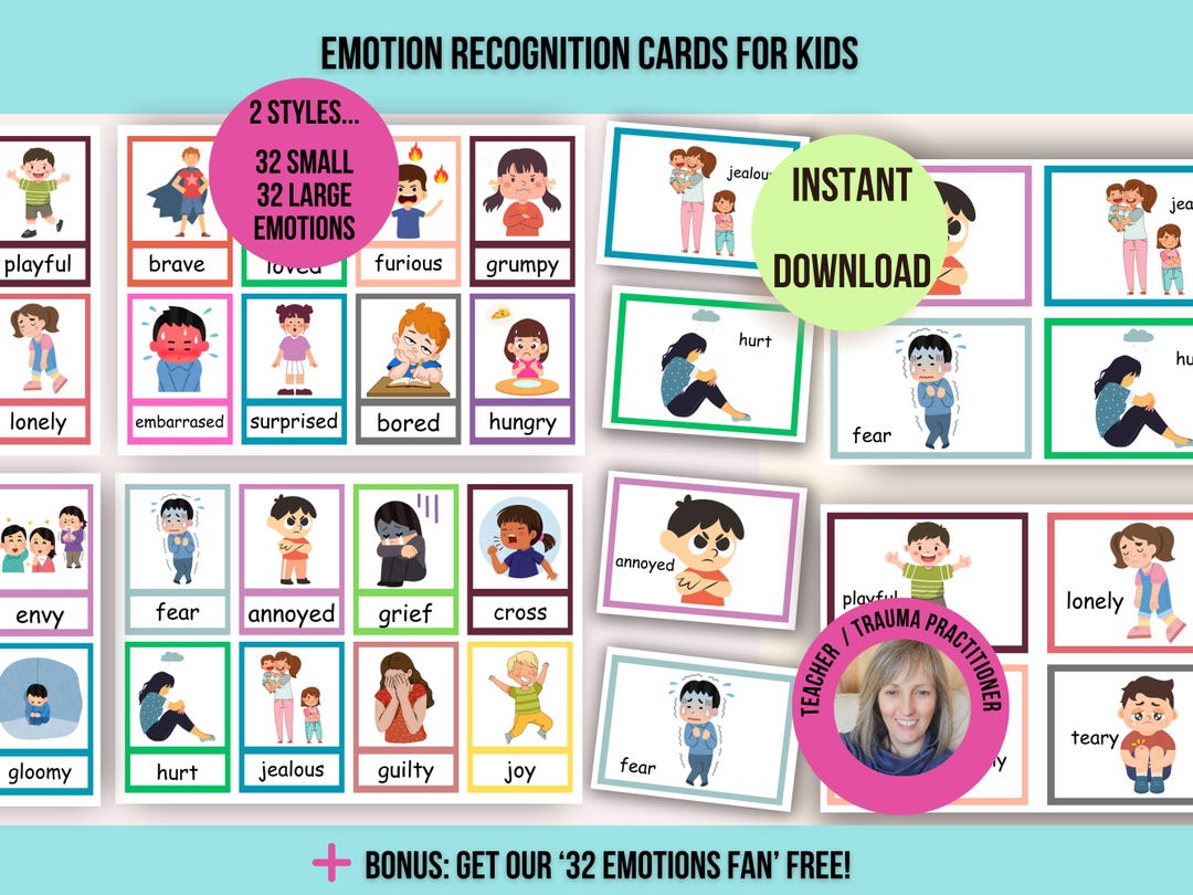Emotion Recognition Cards for Kids, Feelings Flashcards, Digital ...