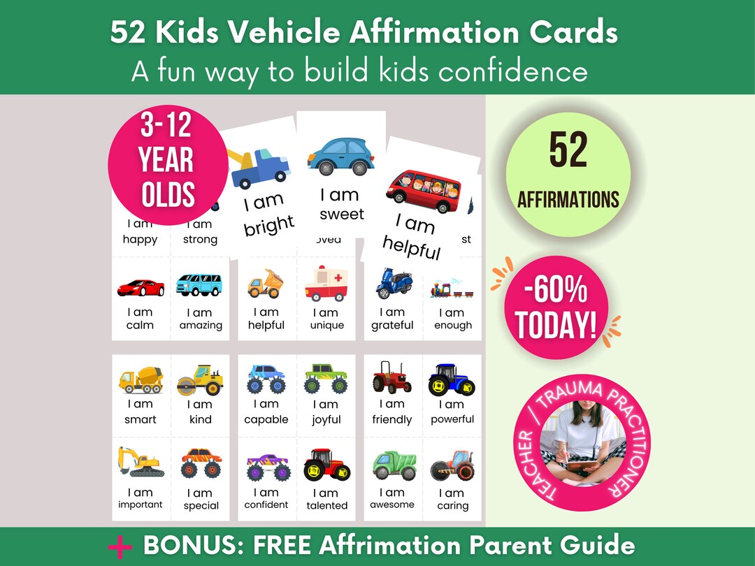 Daily Affirmation Cards for Kids Printable Vehicle Theme, Vehicle ...