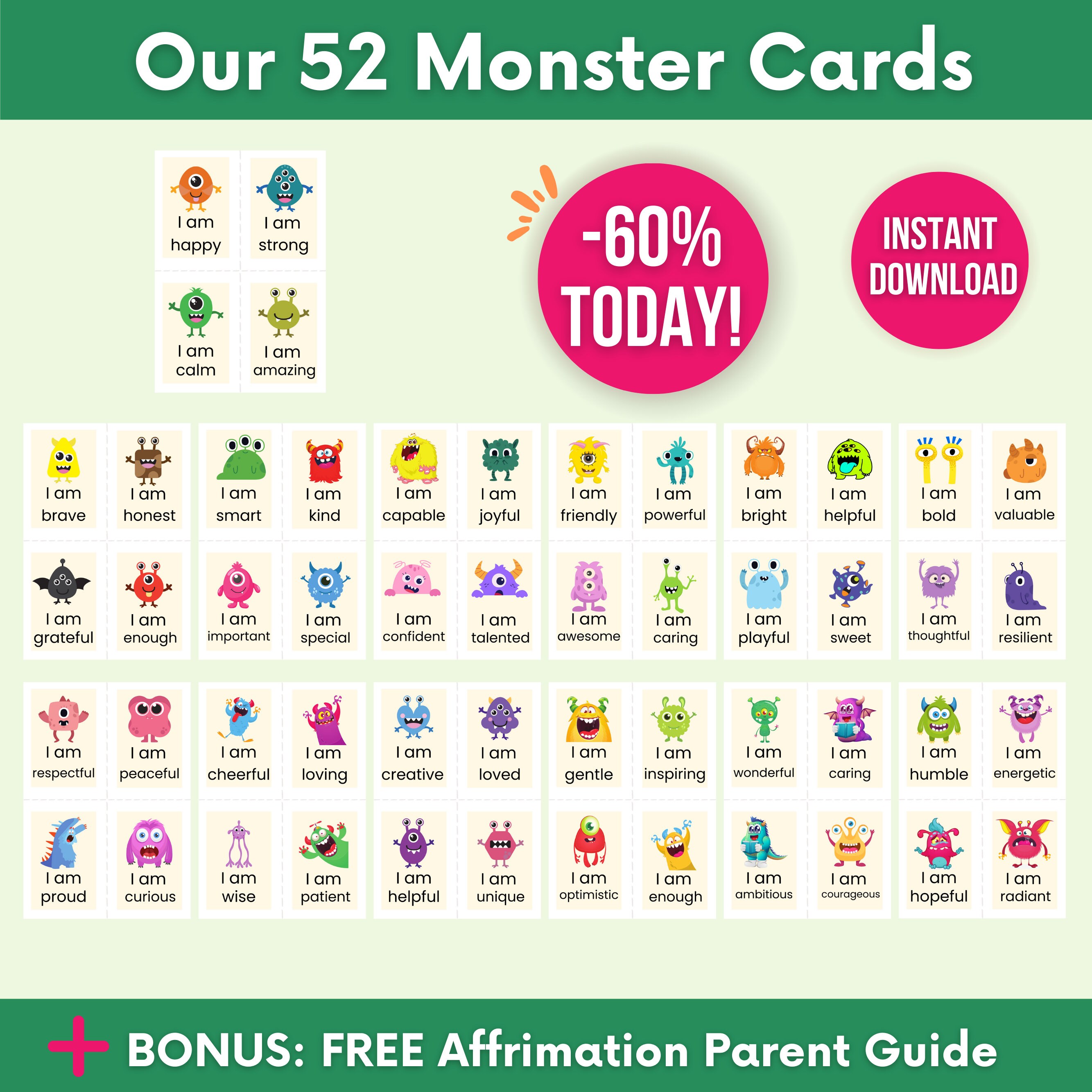 Monster Affirmation Cards for Kids Printable, Child Positive ...
