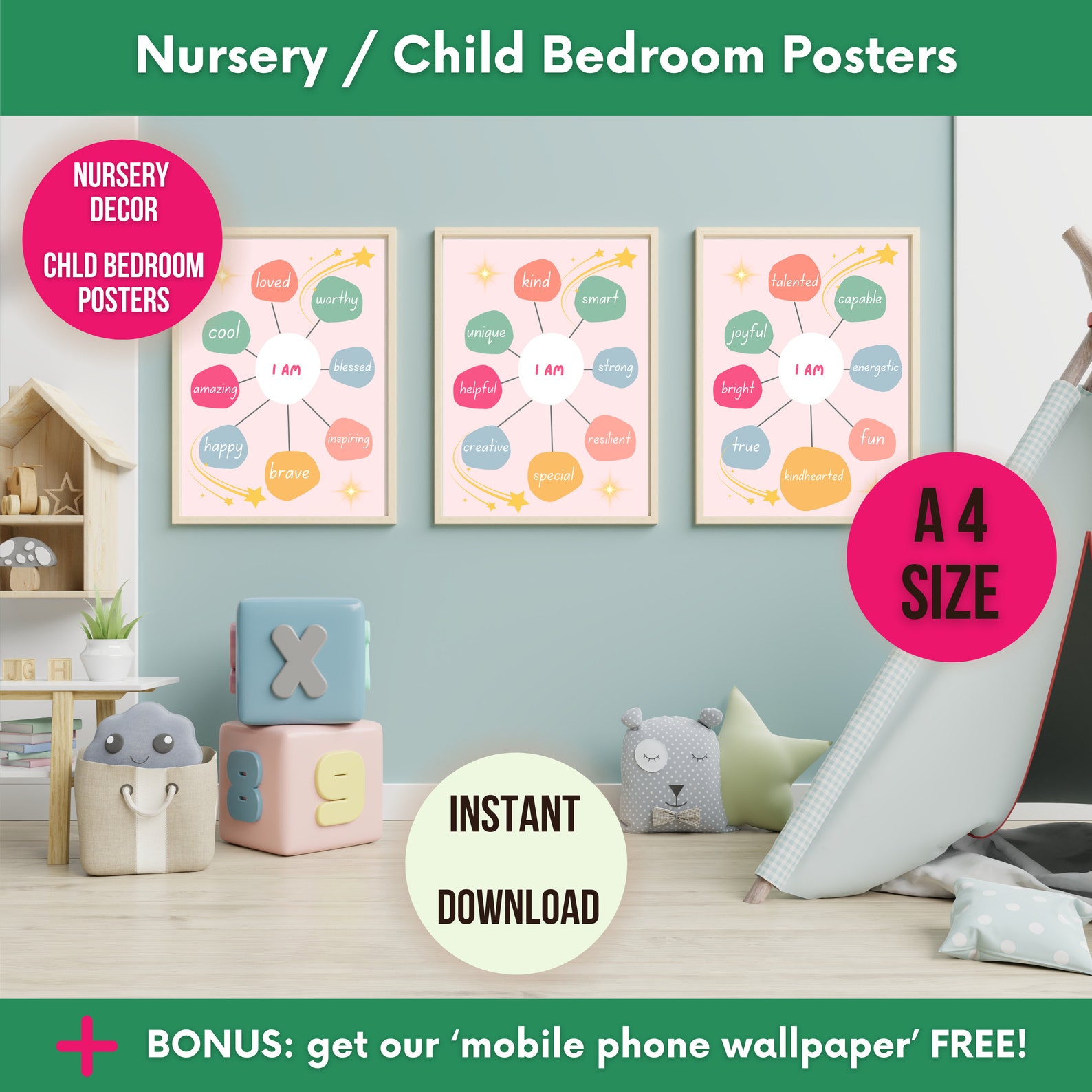 Nursery Affirmation Posters for Kids, 3 Baby Nursery Bedroom Wall Art ...