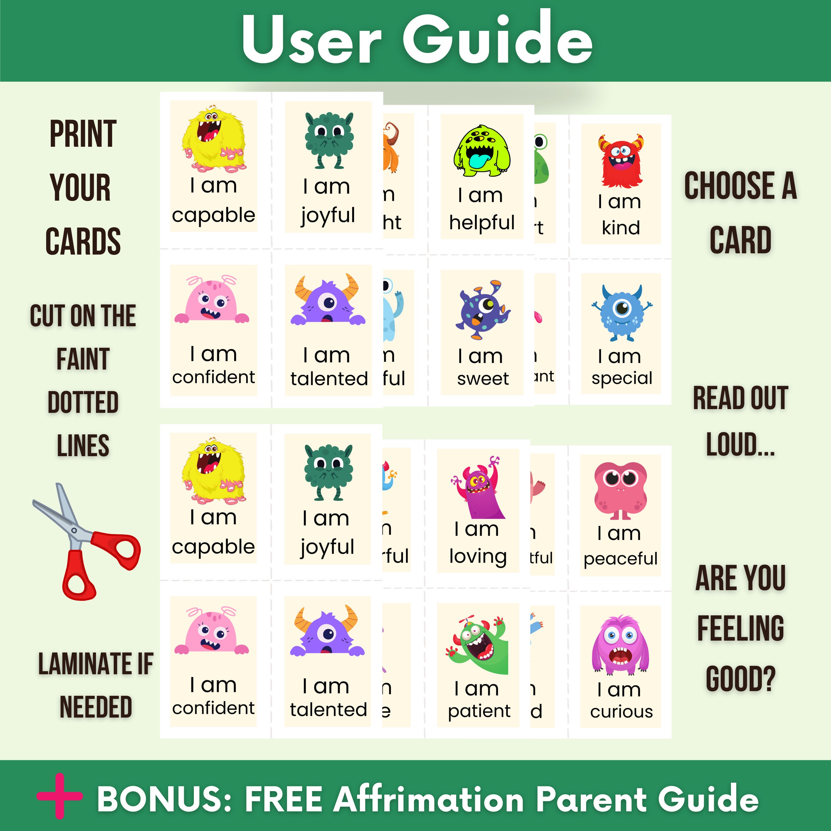 Monster Affirmation Cards for Kids Printable, Child Positive ...