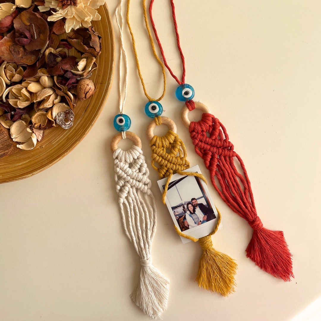 Macrame Photo Car Charm- Macrame Photo Hanger- Evil Eye Bead- Car Gift ...