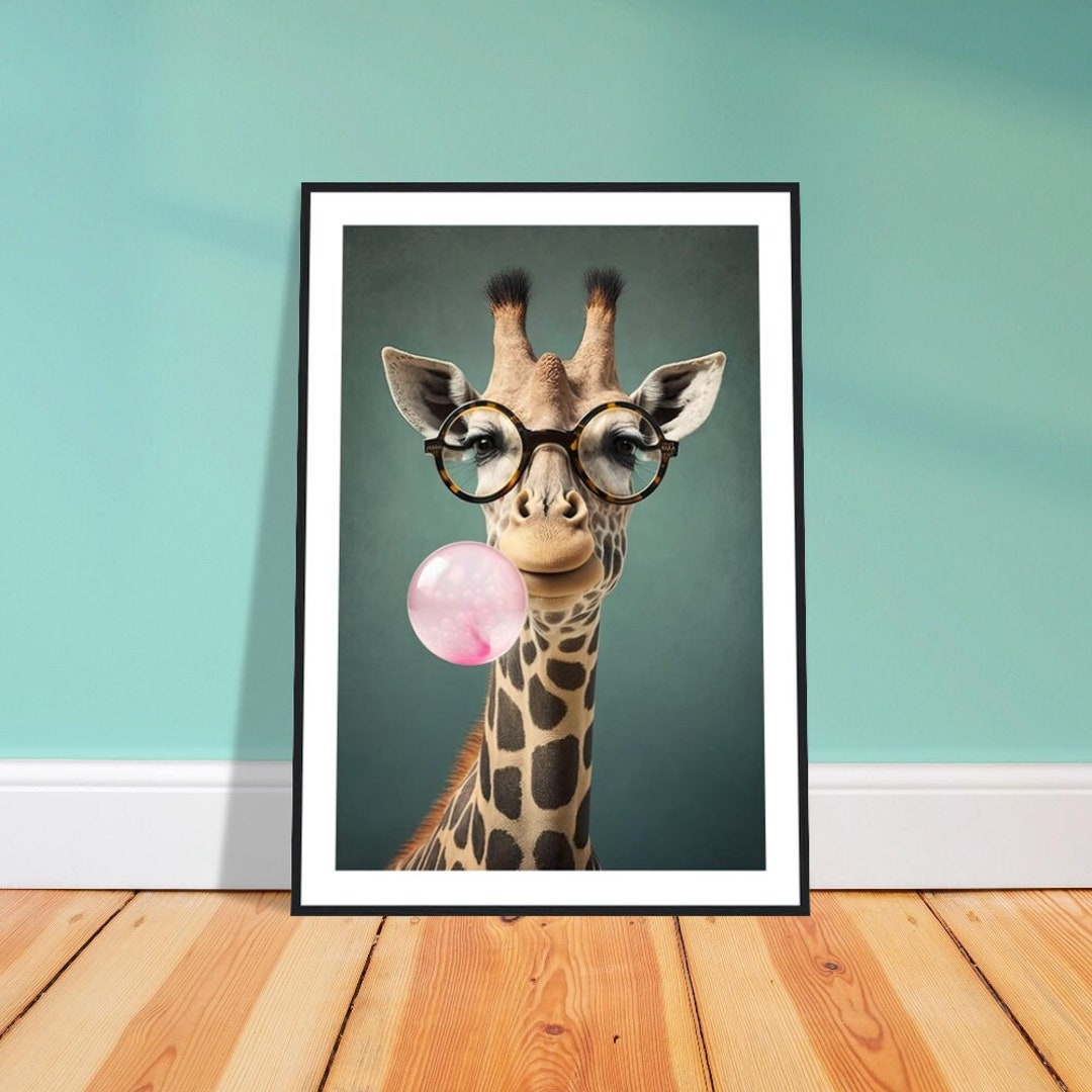 Funny Art Print: Bubble Gum Giraffe - Framed Poster, Funny Animal Art ...