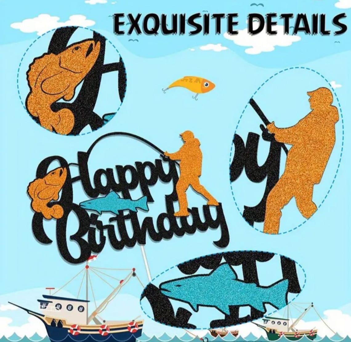 Fishing Happy Birthday Cake Topper Fishing Decoration Fisherman ...