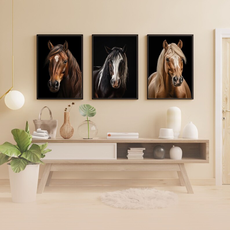 Horse Portraits Prints Set, Farmhouse Set of 3 Wall Art, Horse ...