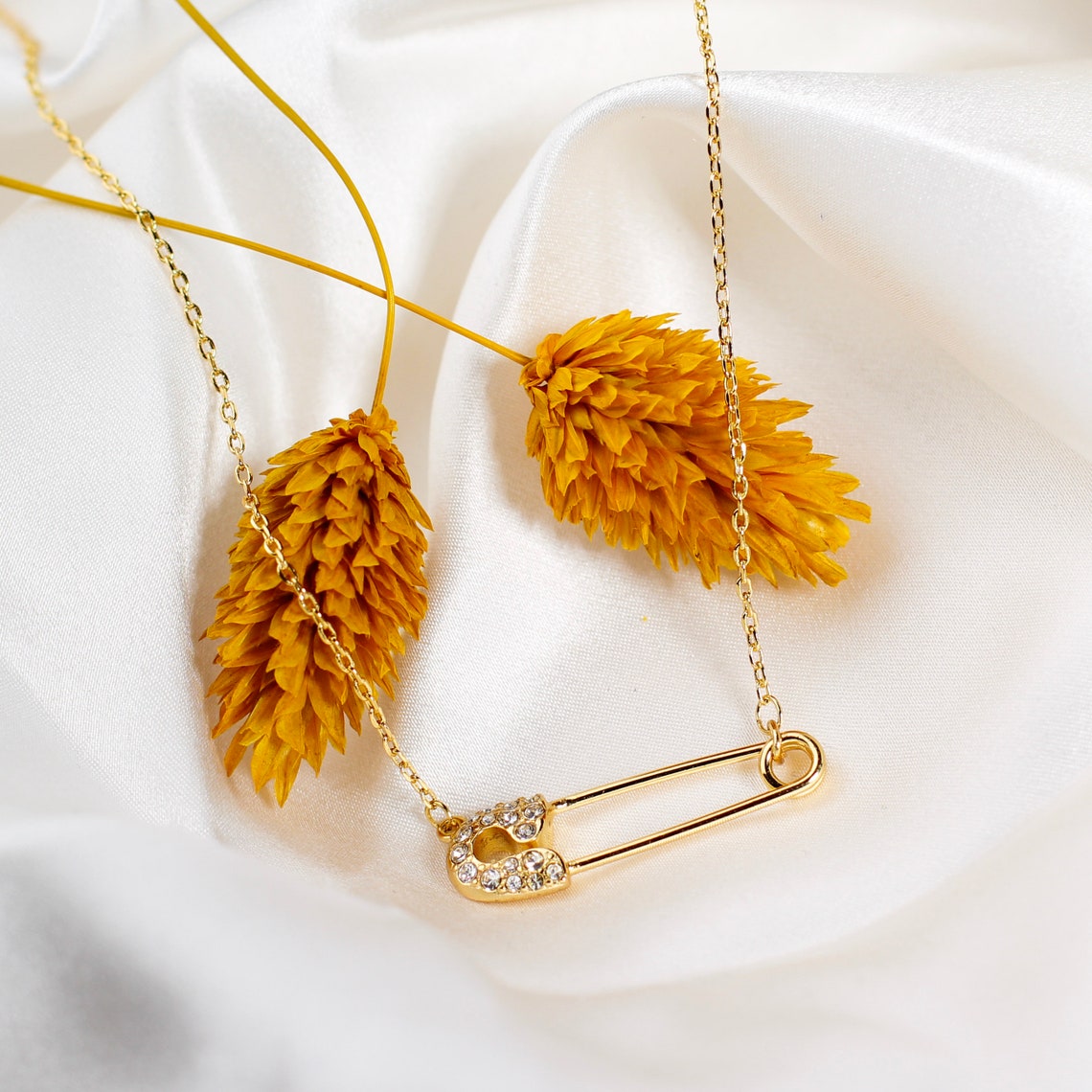 Pave Safety Pin Necklace, Diamond Safety Pin Pendant Necklace, Dainty ...