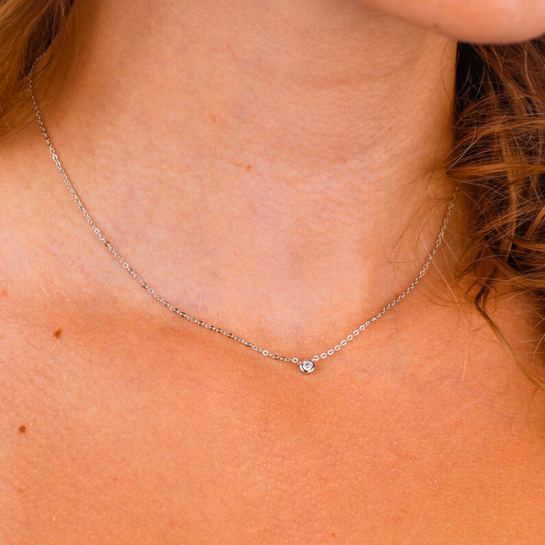 Bezel Diamond Necklace, Solitaire Diamond Necklace, Small Diamond Necklace, Dainty Diamond ...