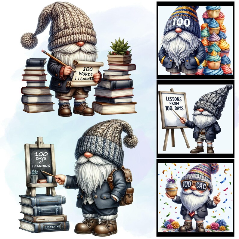 100 Days of School Gnomee Clipart, Gnomee School Decorations, Gnome ...