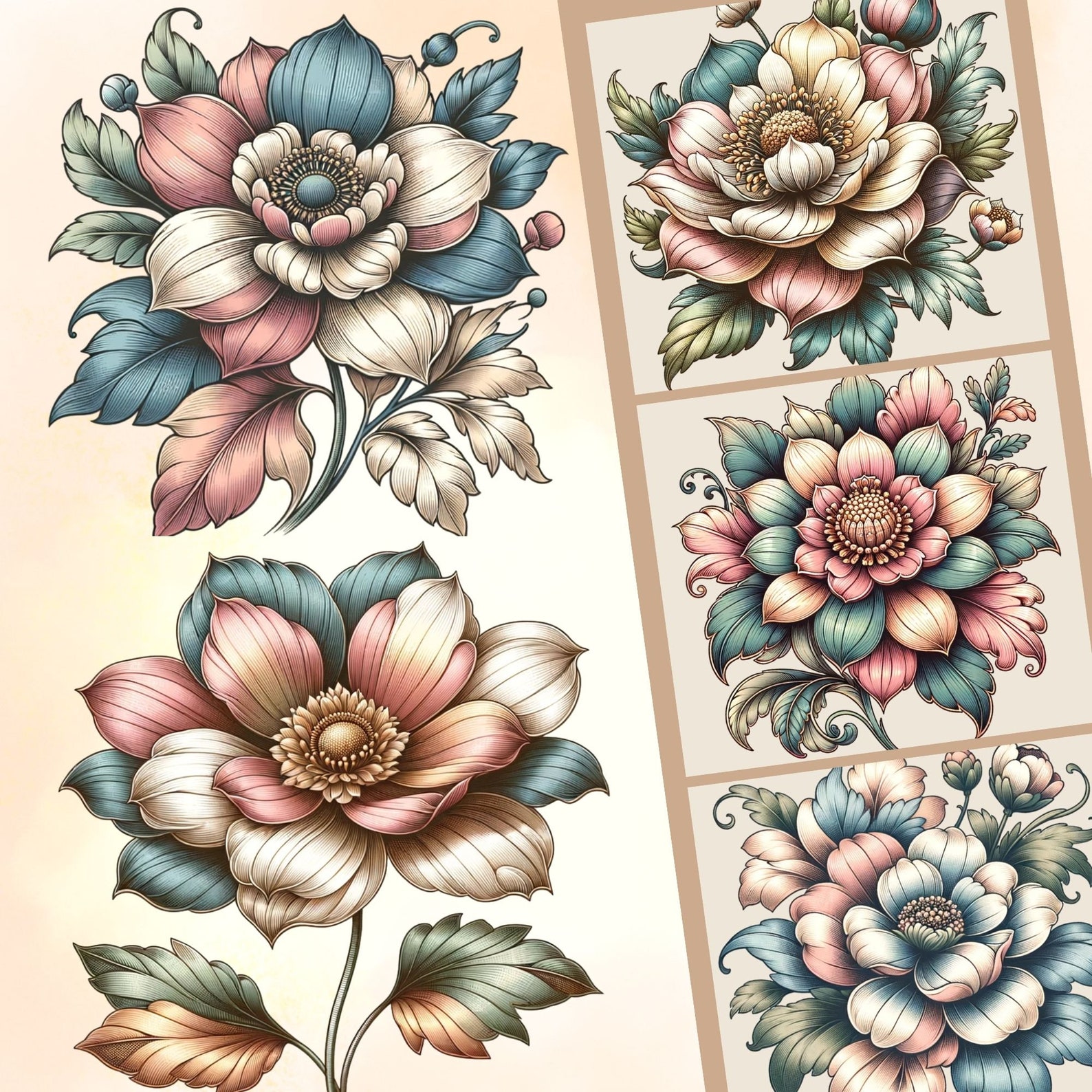21 Vintage Pastel Flower PNG Clipart: Junk Journal Stickers (digital ...