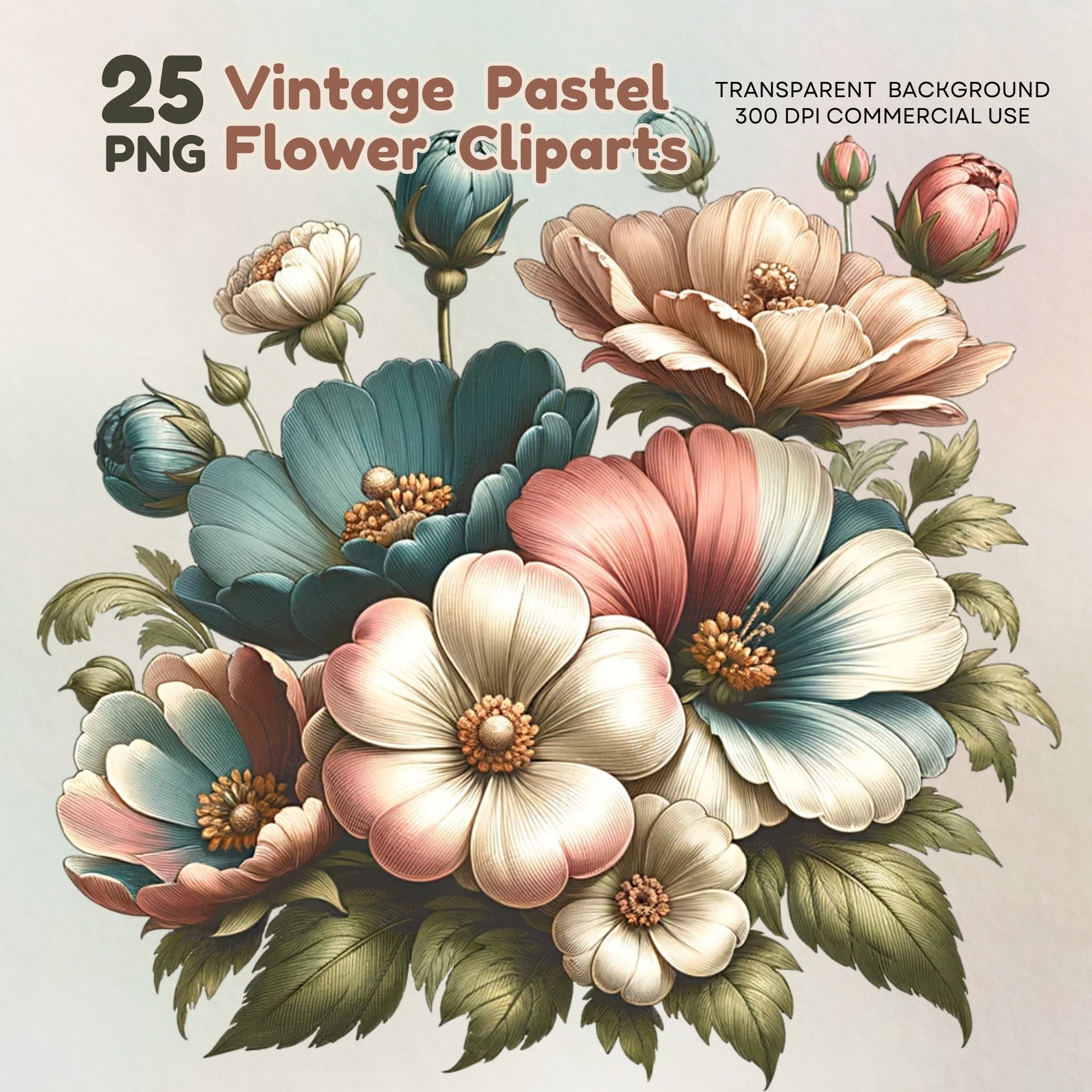 25 Vintage Flower Prints, Printable Minimalist Botanical Art, Pastel ...