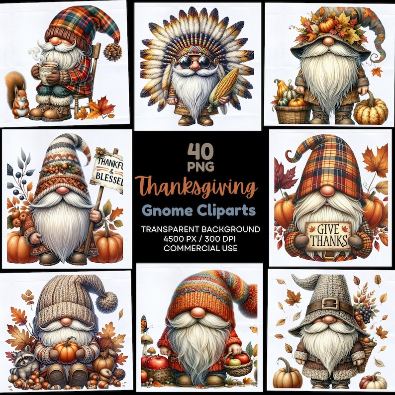 Thanksgiving Gnome Clipart Bundle: 40 PNG Illustrations (digital ...