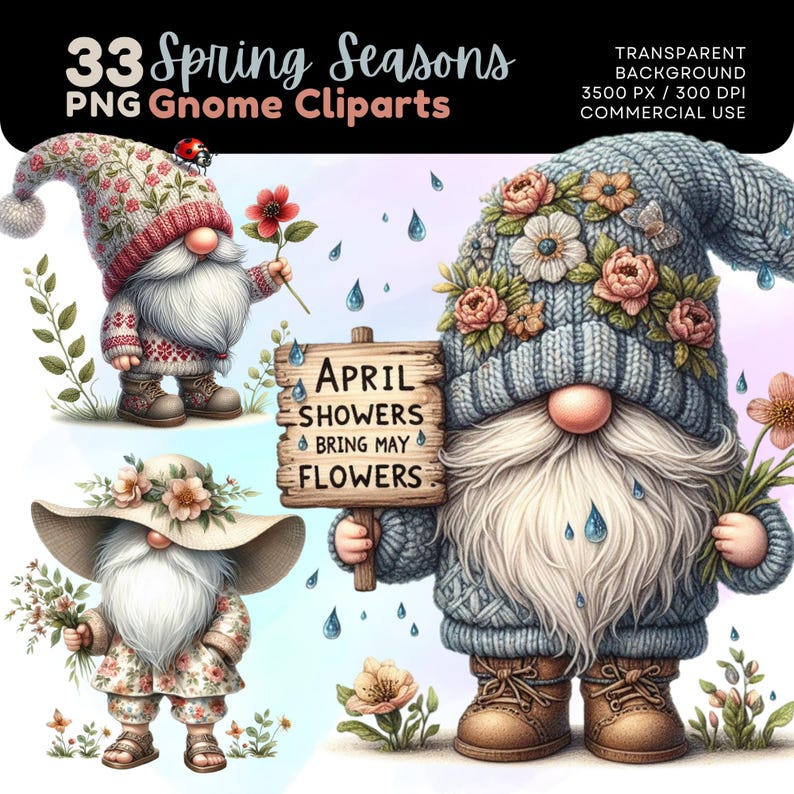 33 Spring Gnome Clipart PNG Bundle, Cute Floral Gnomes With Flowers and ...