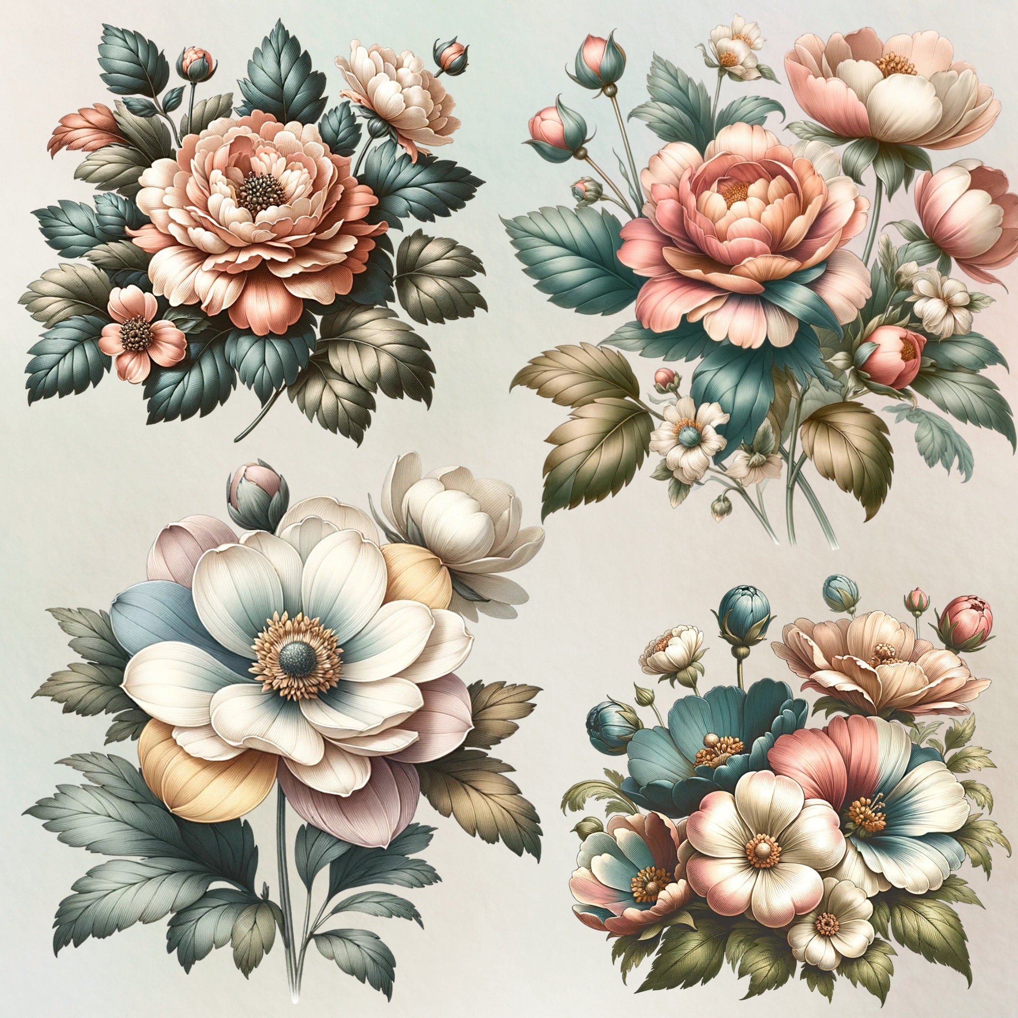 25 Vintage Flower Prints, Printable Minimalist Botanical Art, Pastel ...