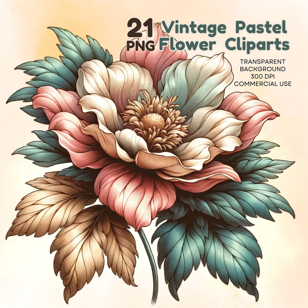 21 Vintage Pastel Flower PNG Clipart: Junk Journal Stickers (digital ...