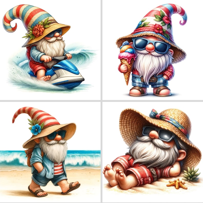 Going to the Beach, Whimsical Beach Gnomes Clip Art Set for Summer ...
