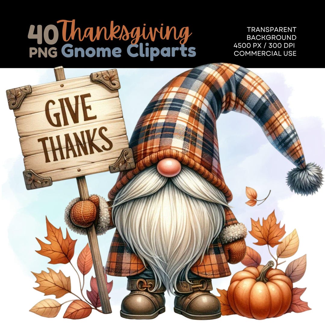 Thanksgiving Gnome Clipart Bundle: 40 PNG Illustrations (digital ...